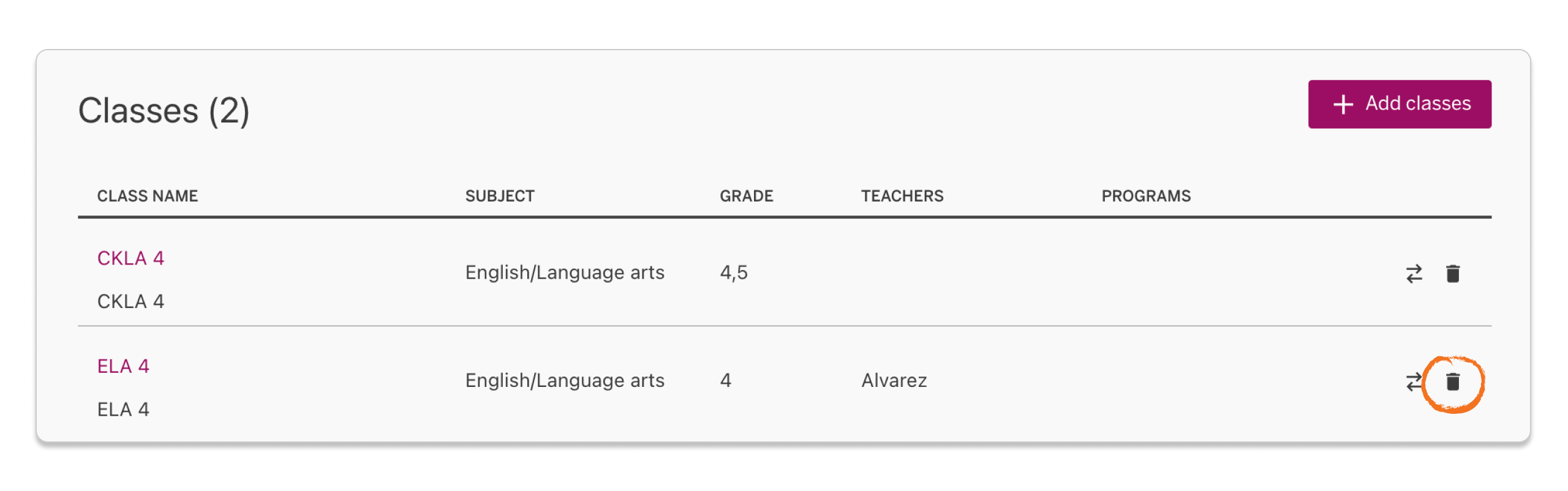 Admin Portal: Students list