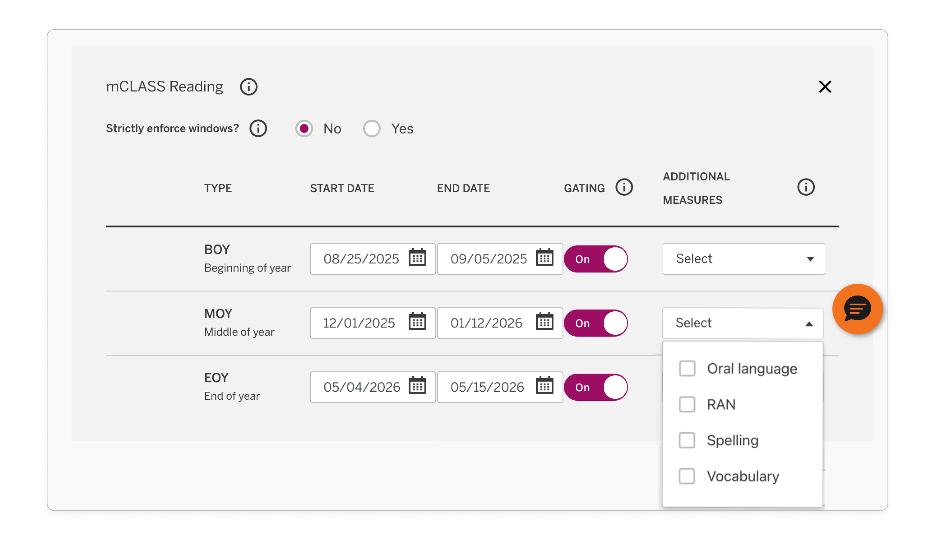 Admin Portal: Benchmark windows