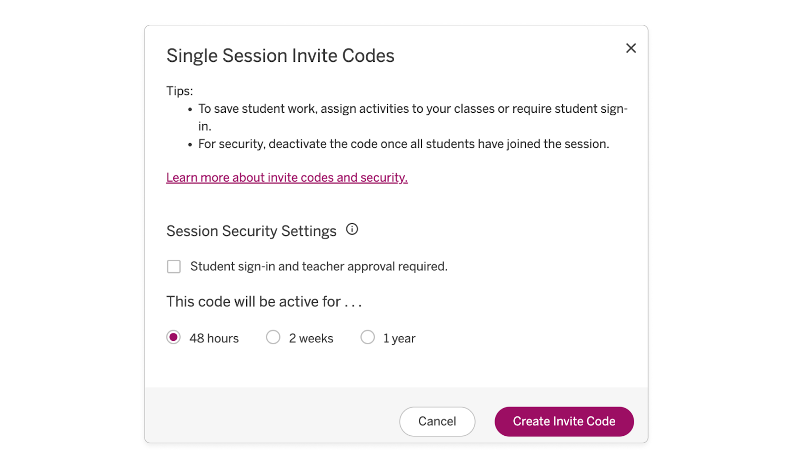 Assigning and single session codes