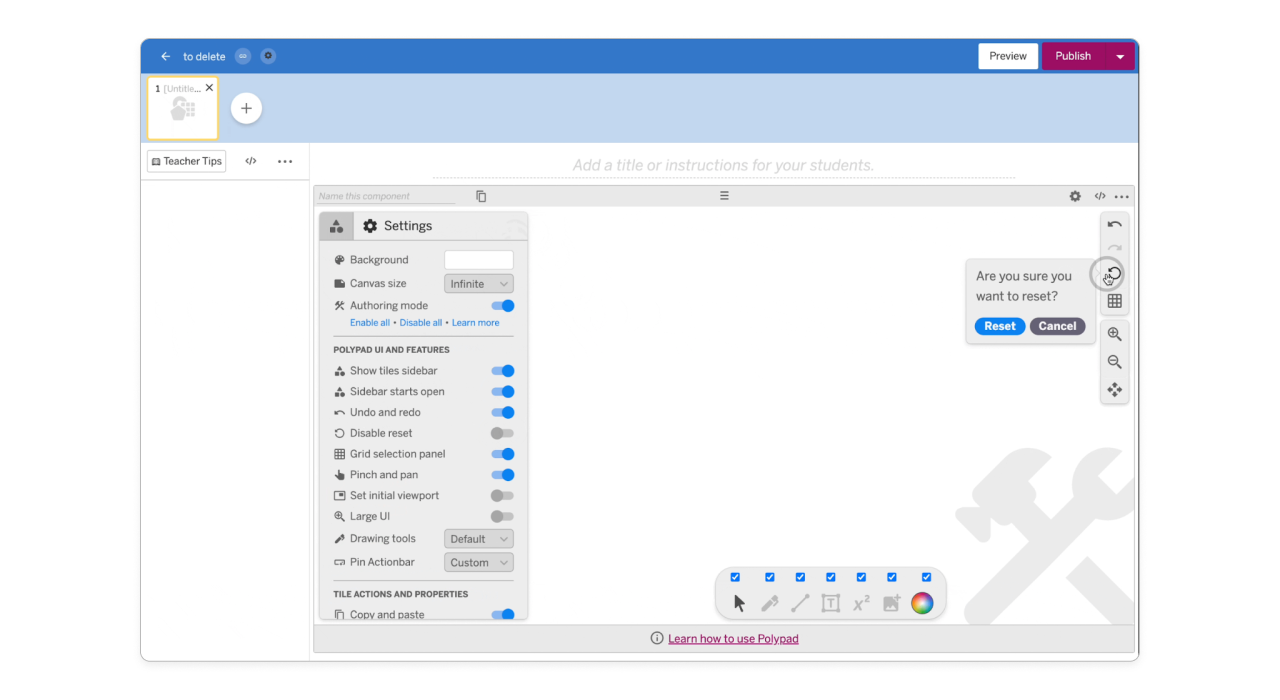 Authoring mode: Reset button
