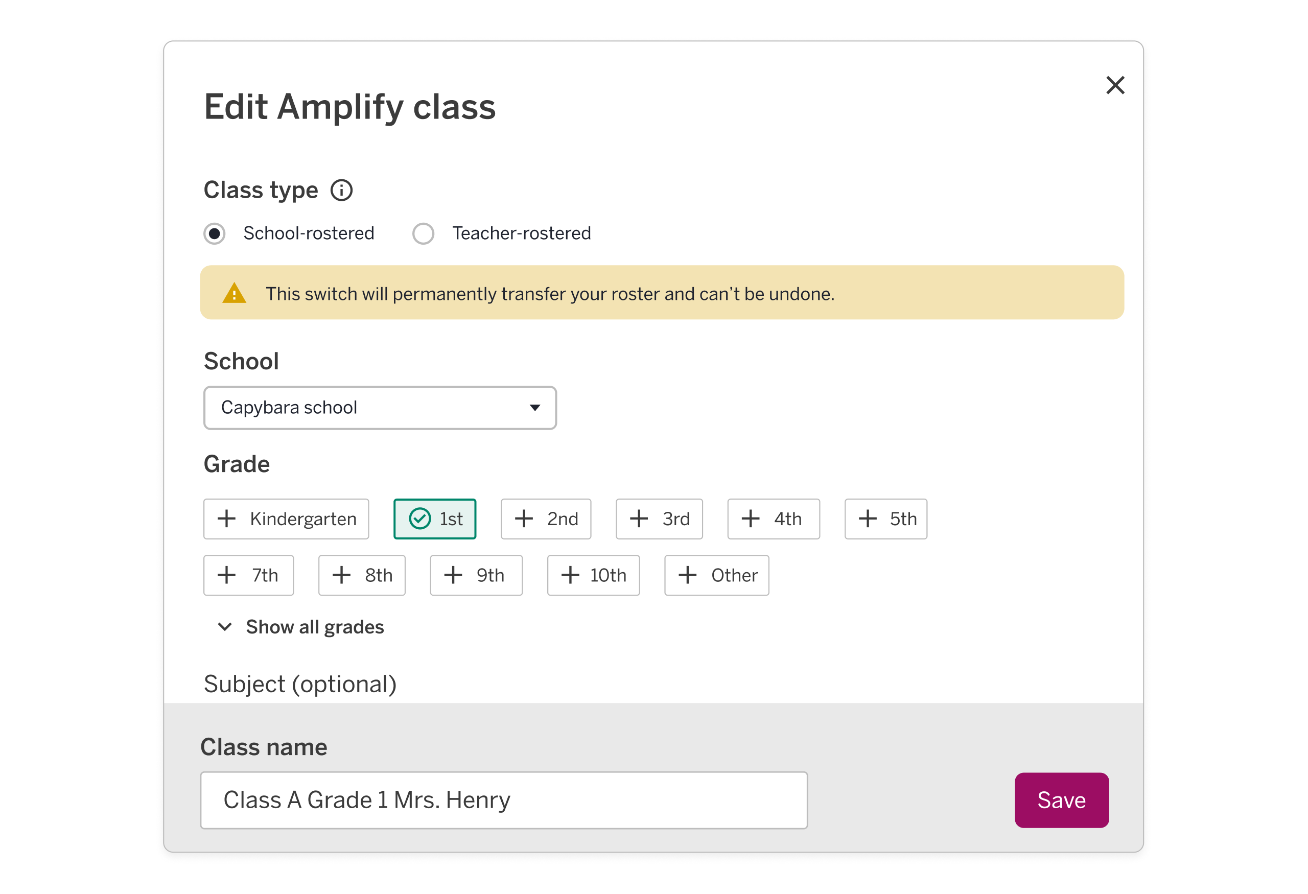 Manage Classes: Teacher roster management