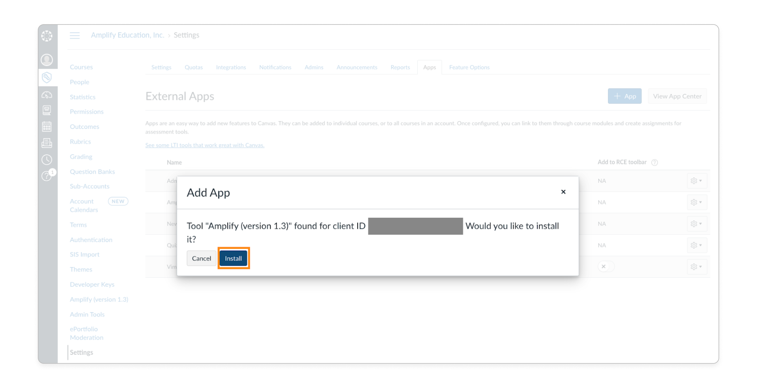 Canvas: District setup for the Amplify LTI 1.3 App