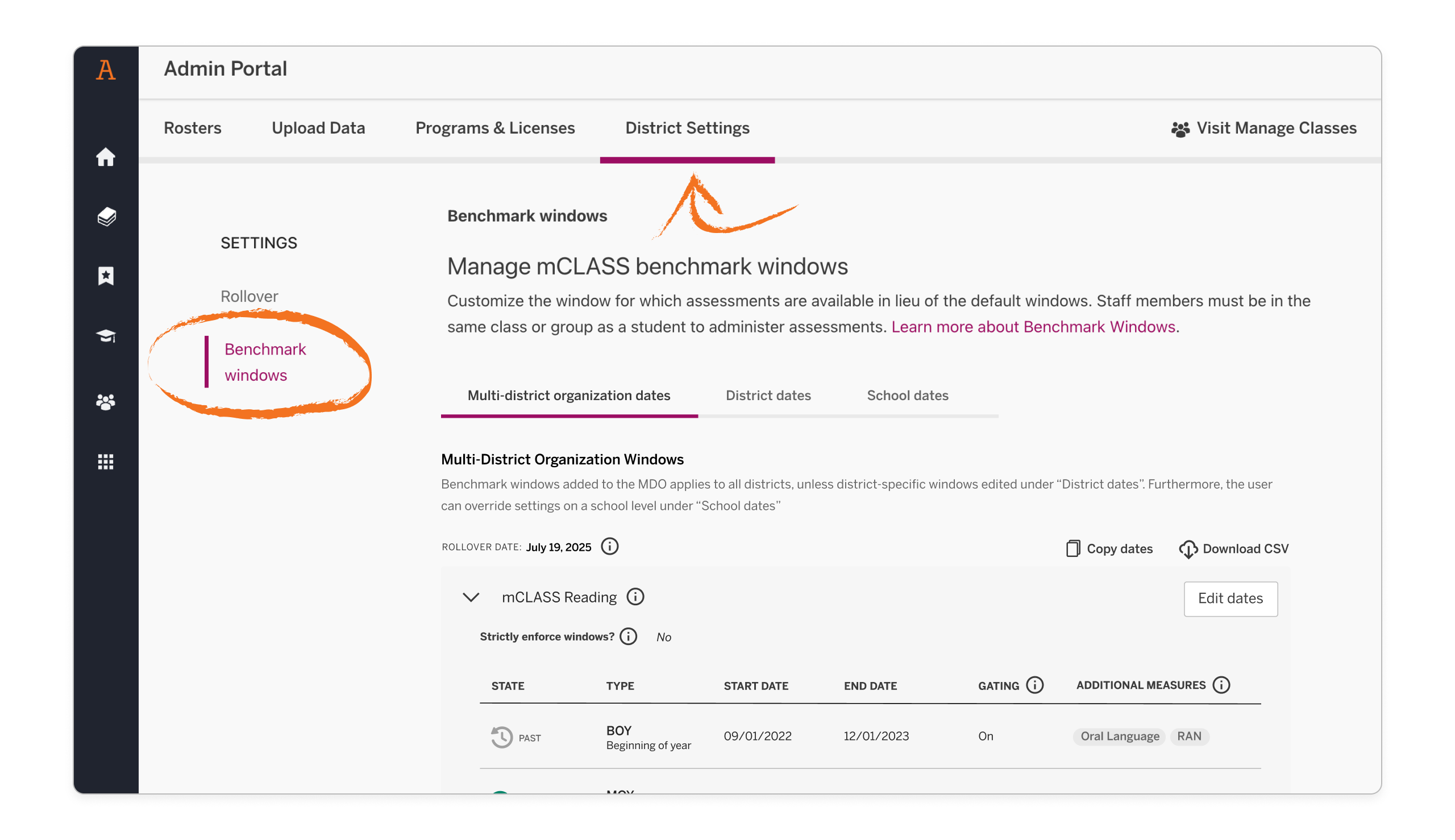Admin Portal: Benchmark windows