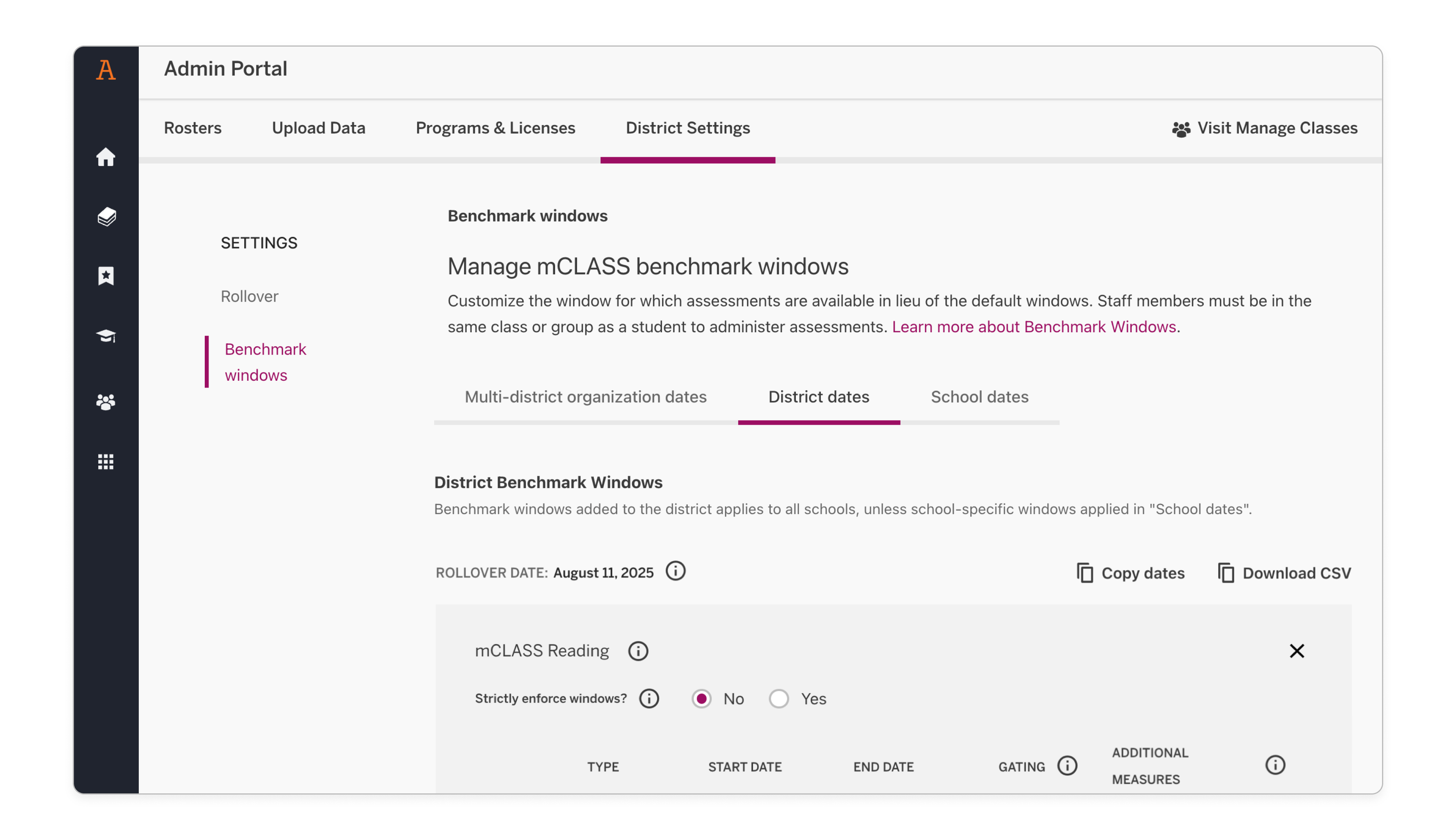 Admin Portal: Benchmark windows