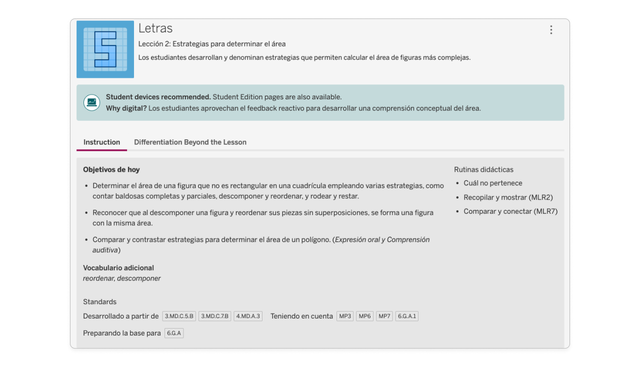 Spanish materials in Amplify Desmos Math