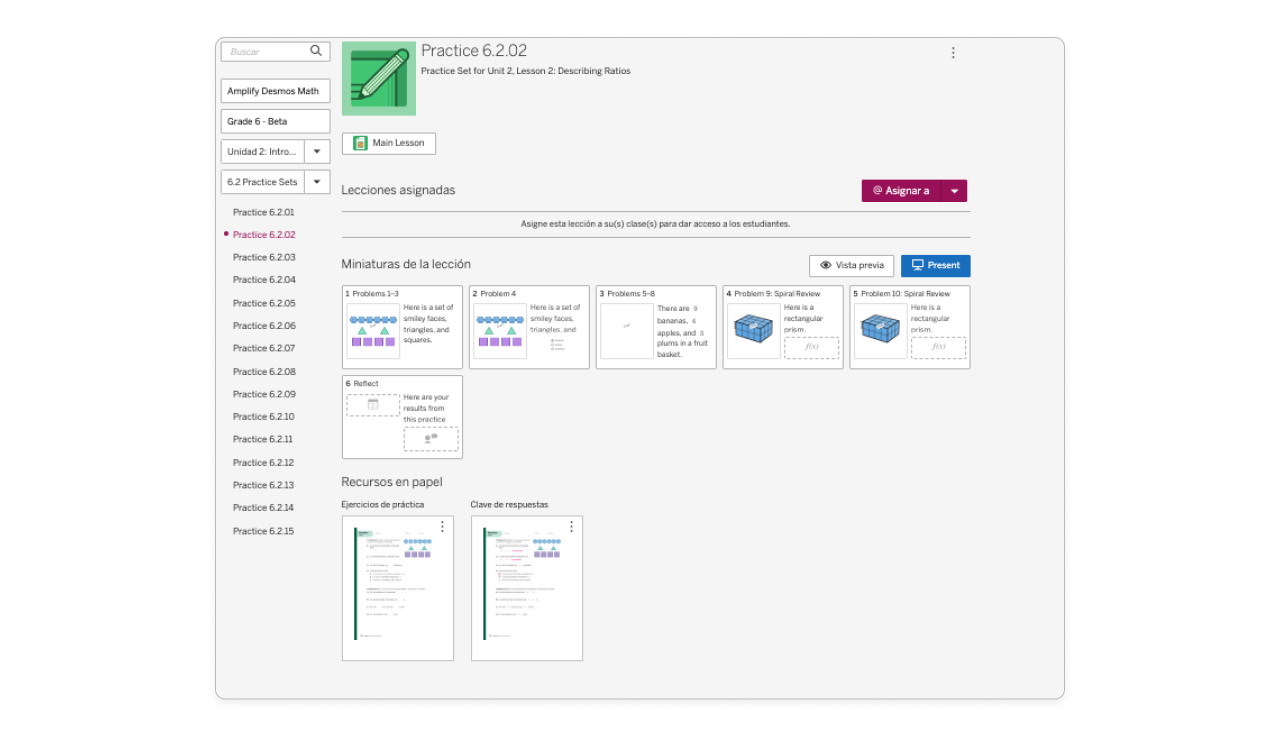 Spanish materials in Amplify Desmos Math