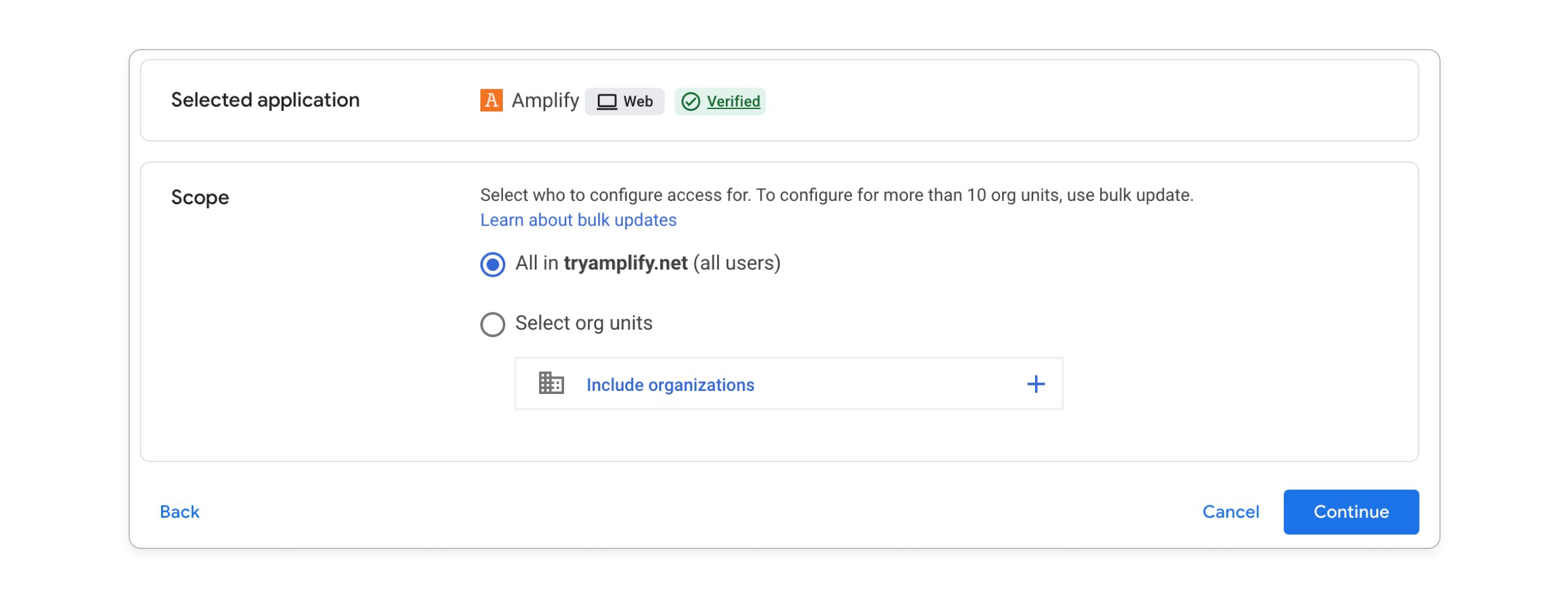 Google single sign-on and third-party app settings for Amplify