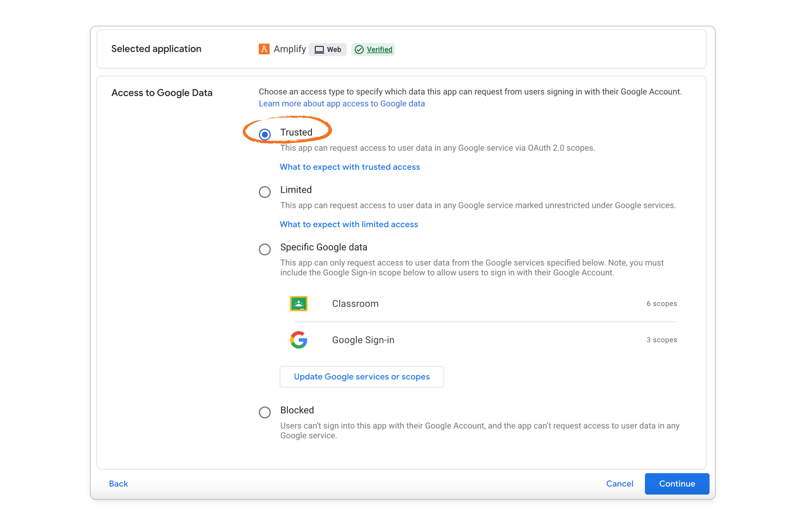 Google single sign-on and third-party app settings for Amplify