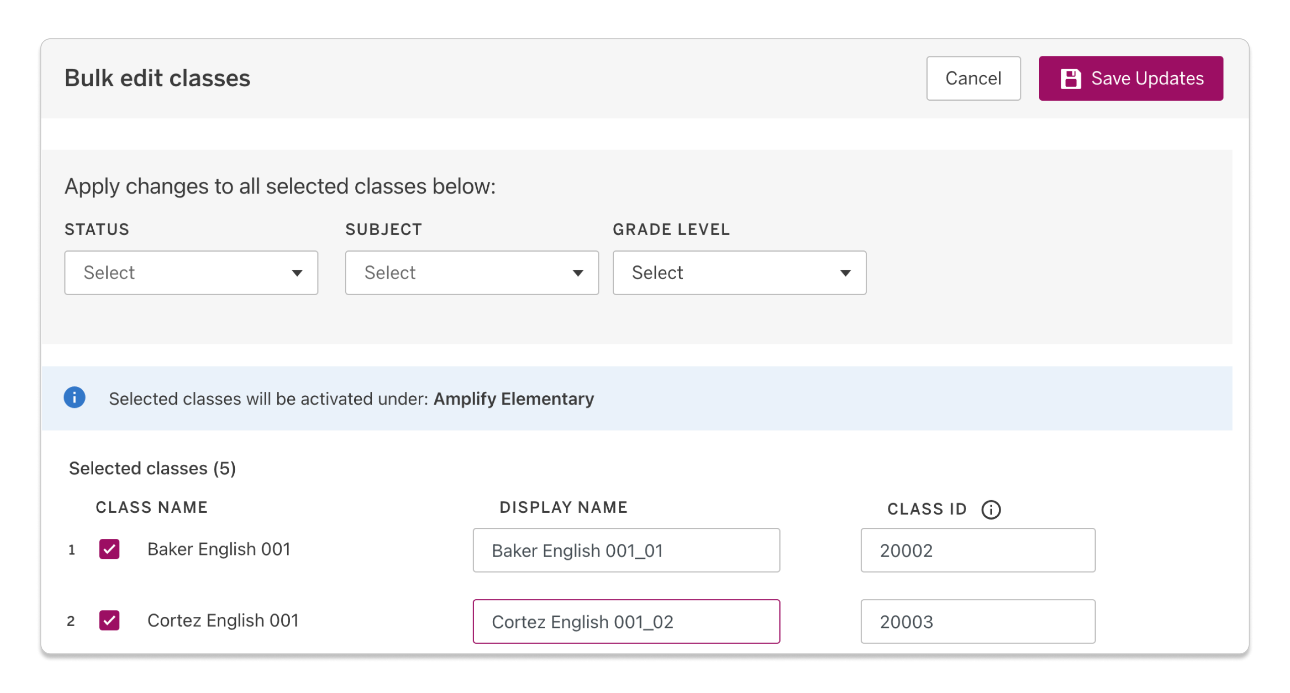 Admin Portal: Class list