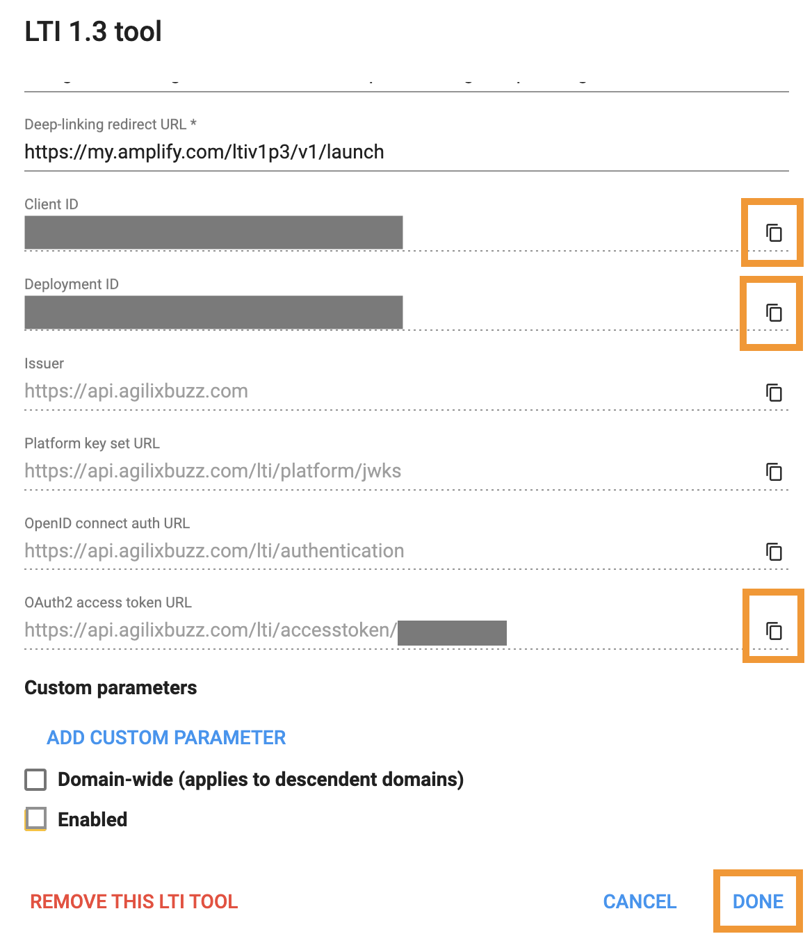 District setup for Amplify LTI 1.3 app for Agilix Buzz