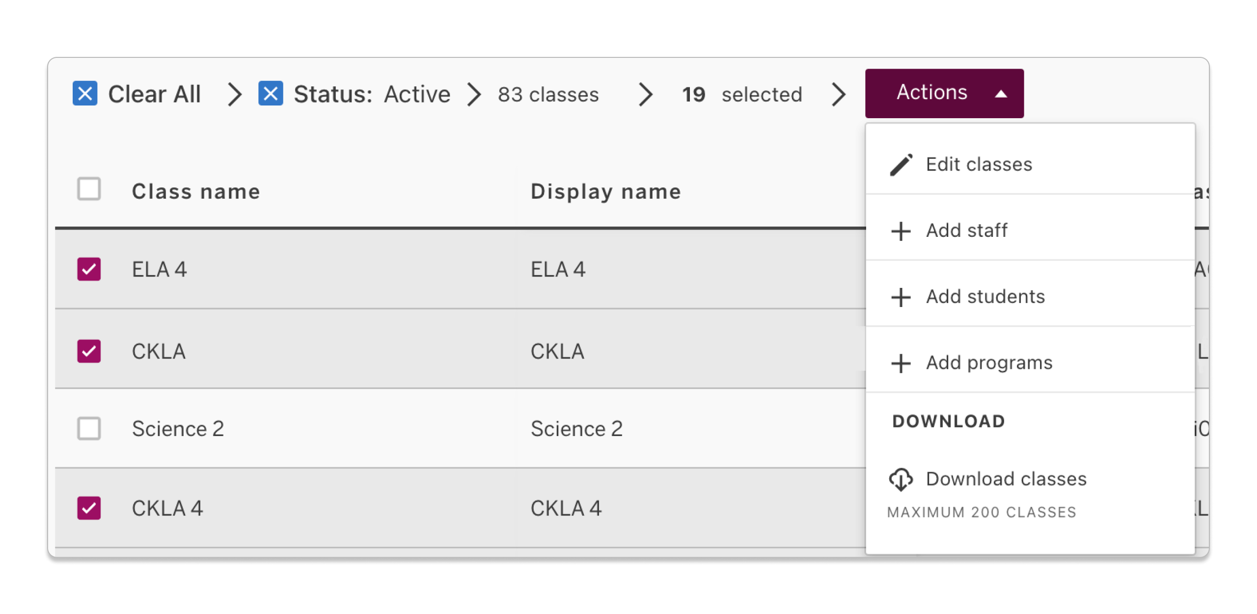 Admin Portal: Class list