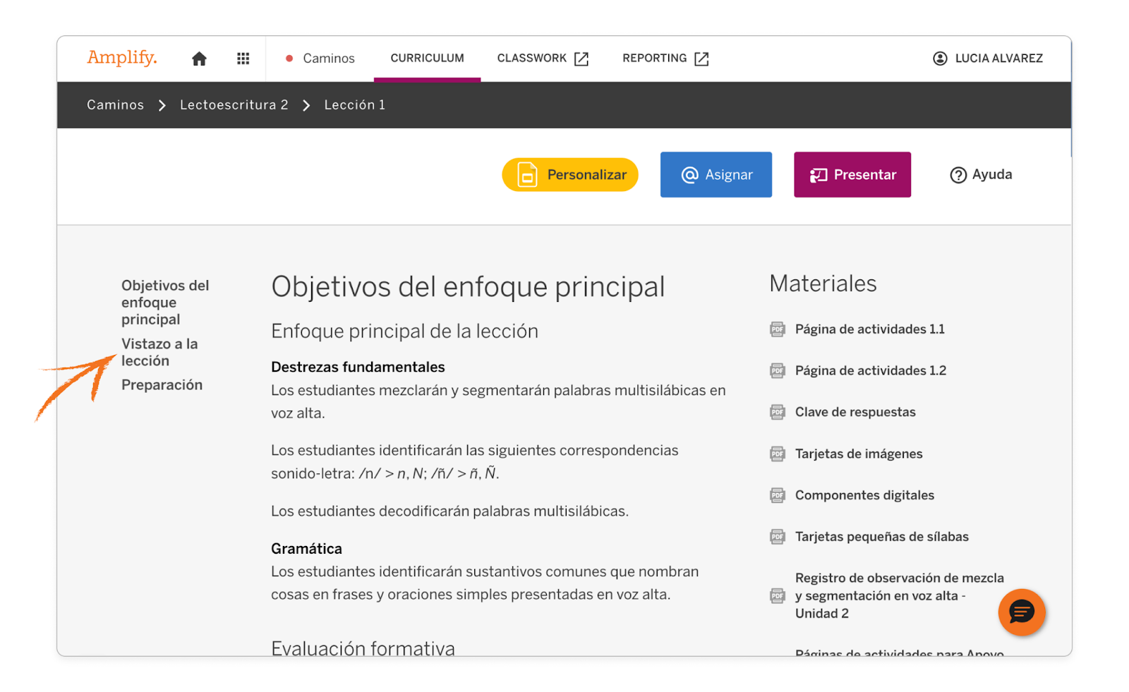 Amplify Caminos: Lesson at a glance and preview lesson