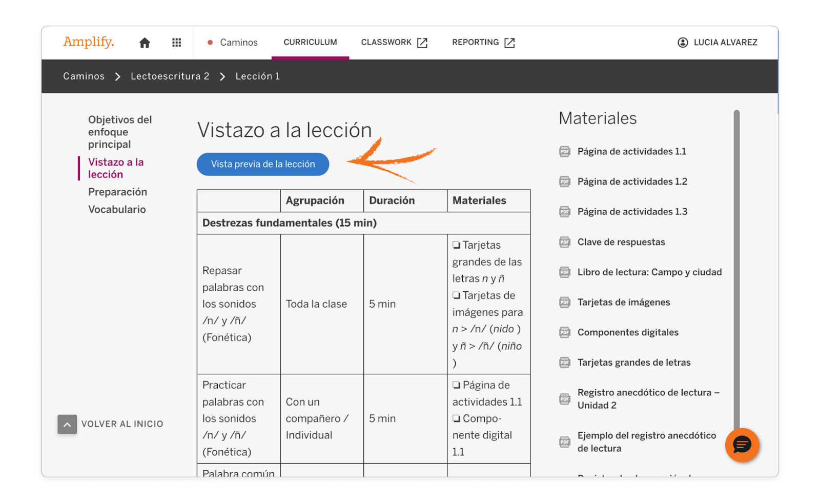 Amplify Caminos: Lesson at a glance and preview lesson