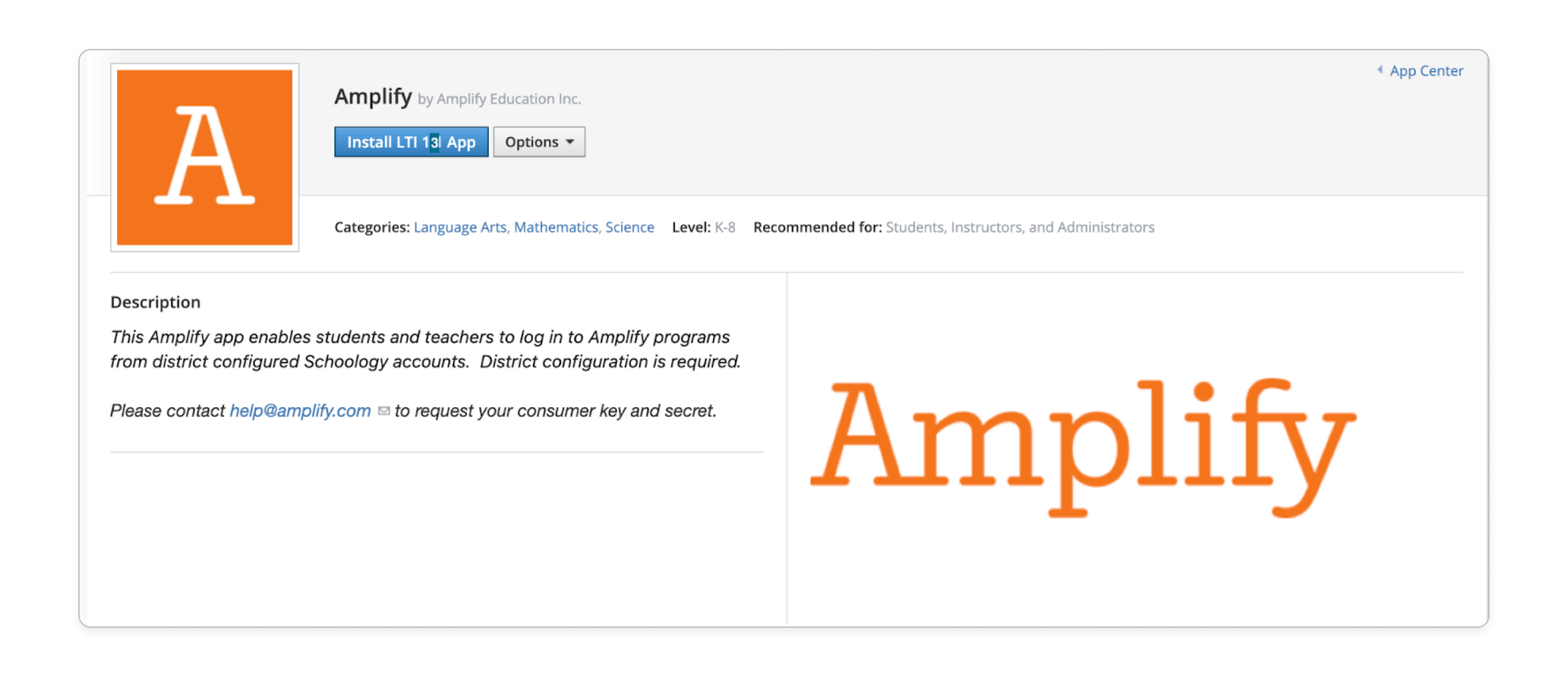 Schoology: District setup for the Amplify LTI 1.3 app