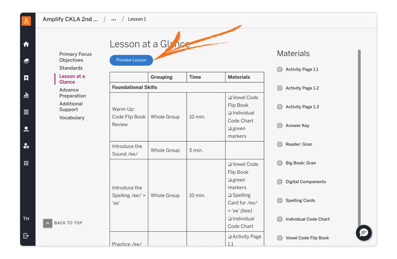 Amplify CKLA digital experience: Lesson at a glance and preview modal