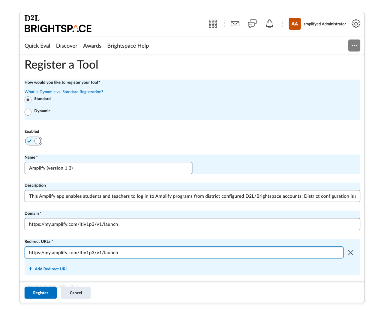 Brightspace/D2L: District setup for Amplify LTI 1.3 app