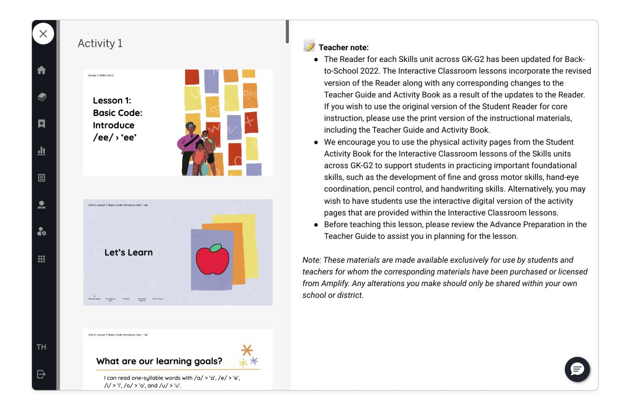 Amplify CKLA digital experience: Lesson at a glance and preview modal