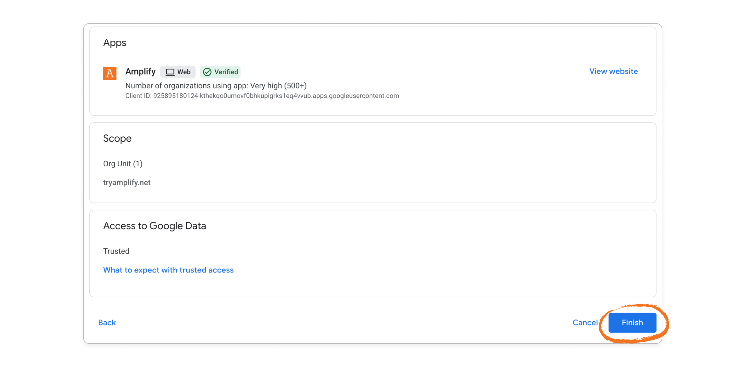 Google single sign-on and third-party app settings for Amplify