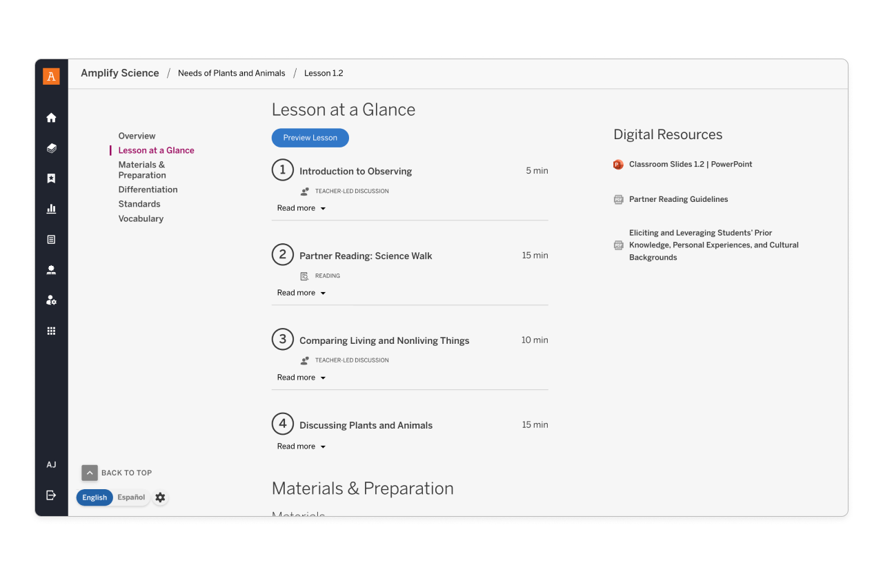 Science K–5 digital experience: Lesson at a Glance