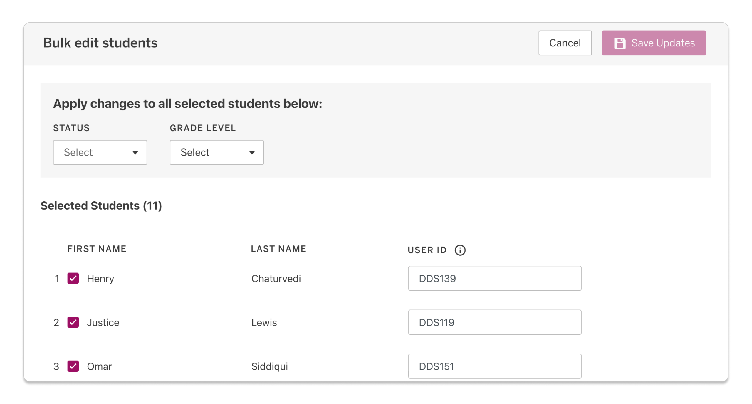 Admin Portal: Student list